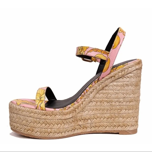 Versace | Shoes | Versace Pink Barocco Floral Espadrille Wedge Sandals ...